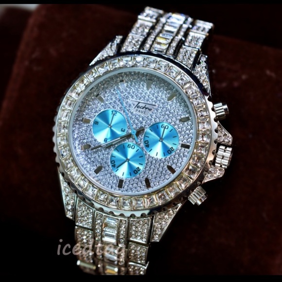 Accessories | Full Iced Out Chronograph Stylish Aqua Face Watch | Poshmark